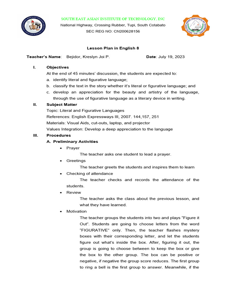 Lesson Plan For Figurative Language | PDF | Metaphor | Linguistics