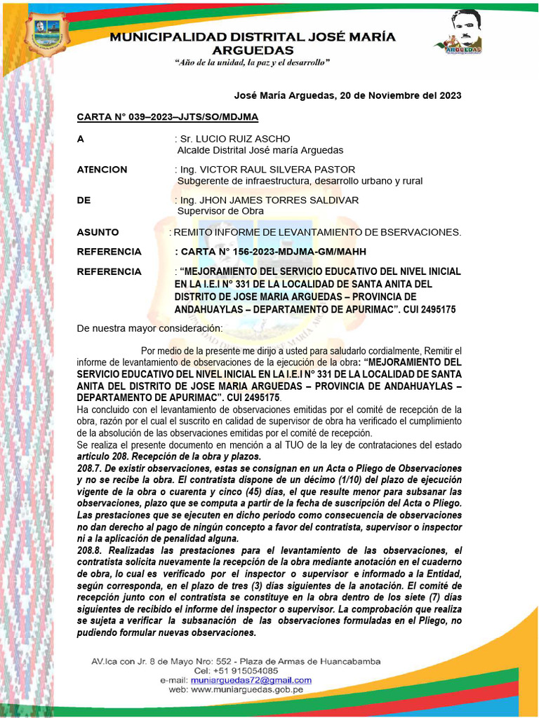 Carta N°039 Remito Informe de Levantamiento de Observaciones Detallado | PDF | Justicia | Crimen ...