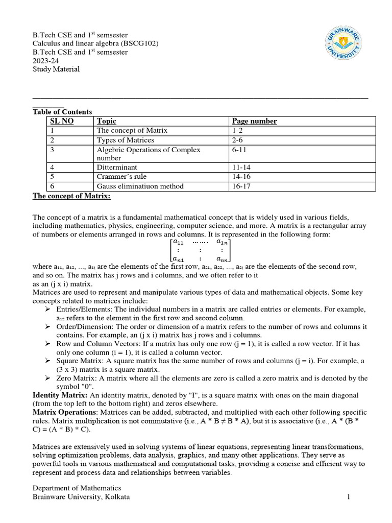 B.Tech CSE 1st Sem: Matrix Basics | PDF | Matrix (Mathematics ...