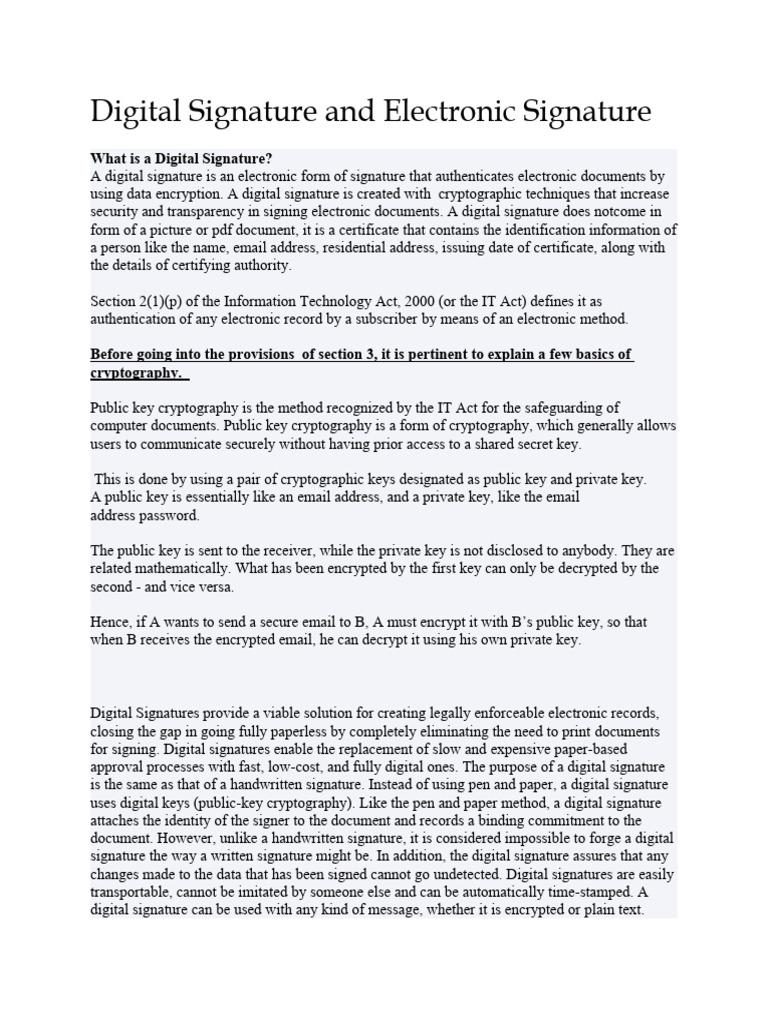 Digital Signature and Electronic Signature | PDF | Key (Cryptography) | Public Key Cryptography