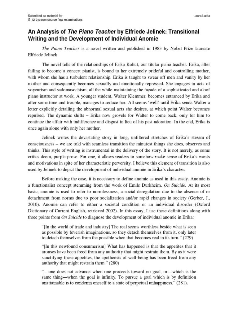 The Development of Anomie in The Piano Teacher by Elfriede Jelinek ...