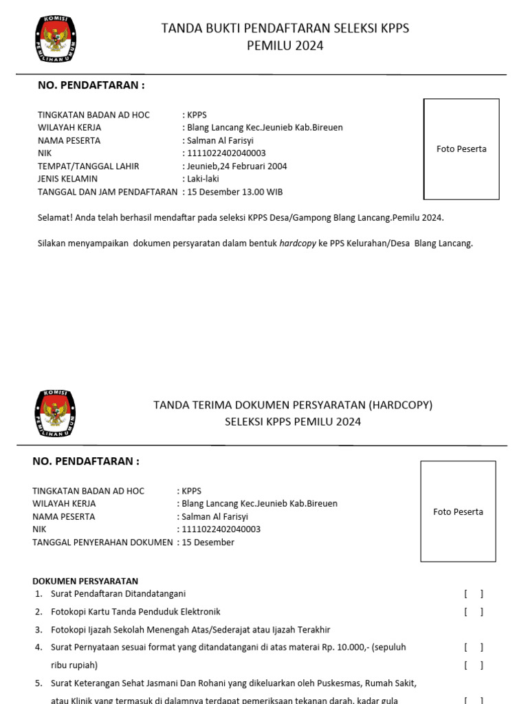 Tanda Bukti Pendaftaran KPPS | PDF