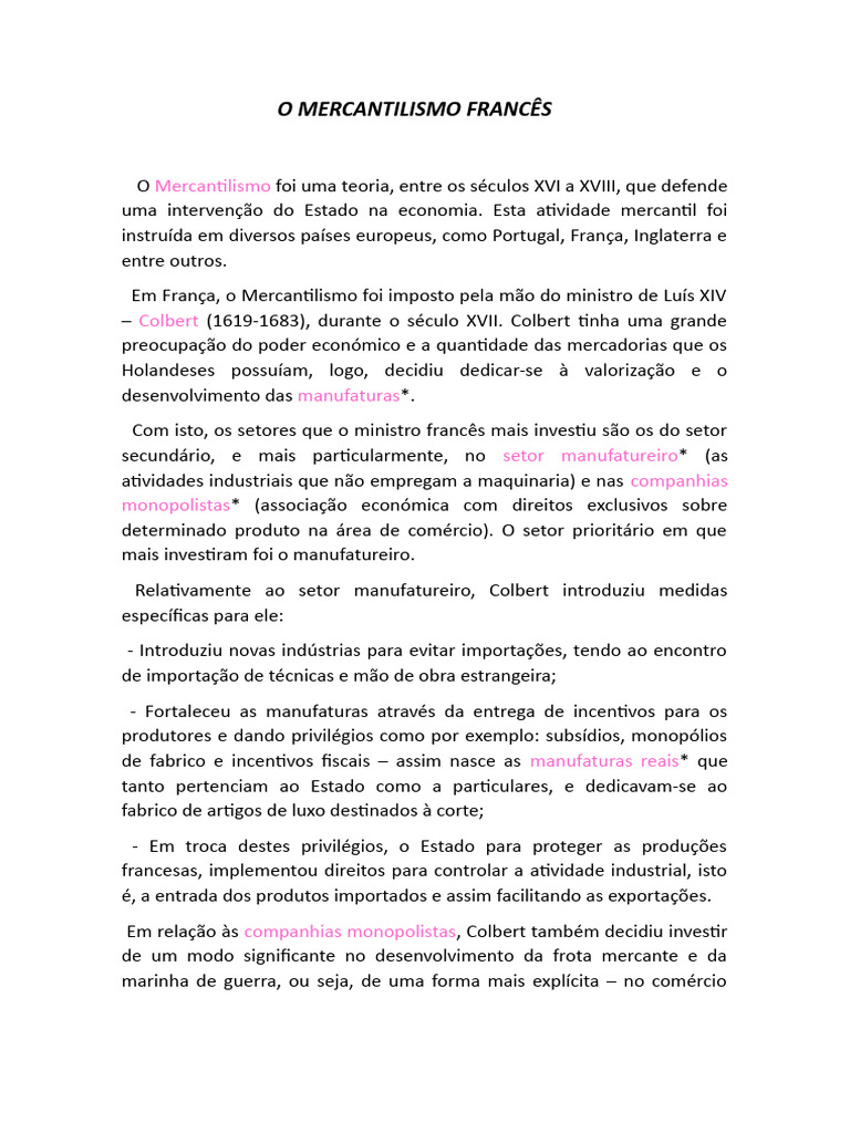 Mercantilismo Francês e Colbert | PDF | Mercantilismo | Monopólio