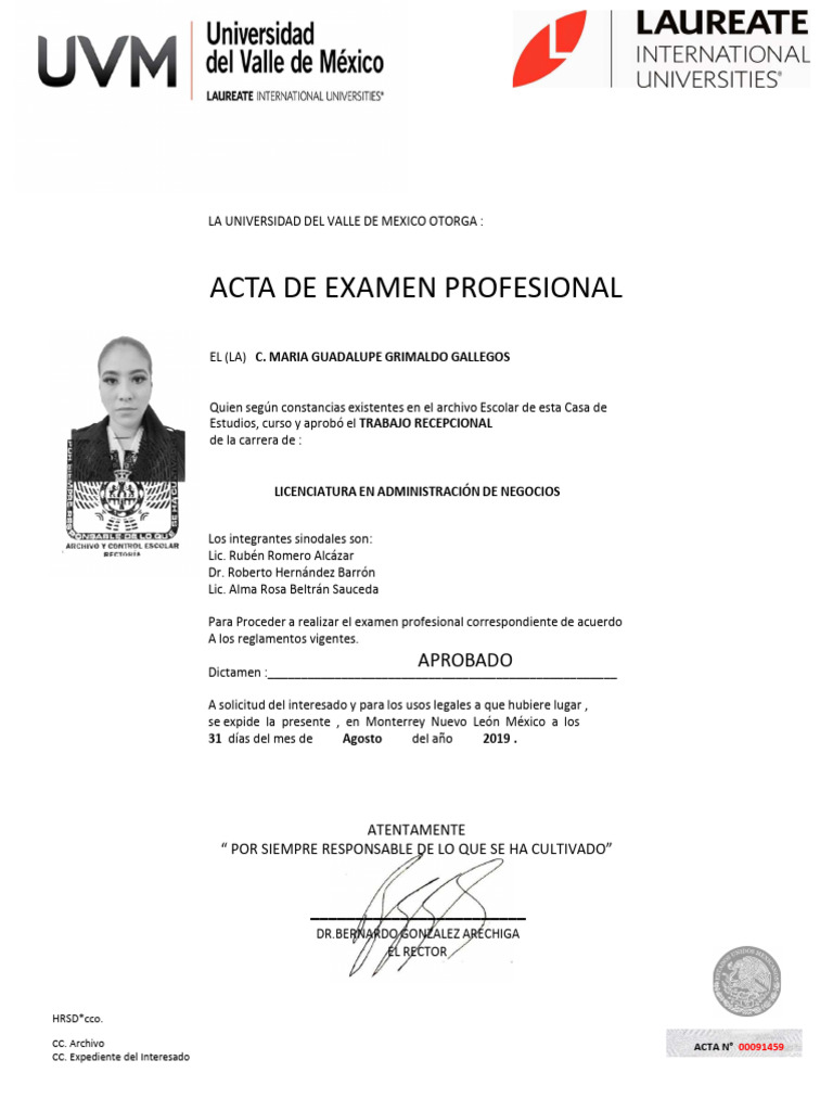 ACTA DE EXAMEN PROFESIONALuvm | PDF