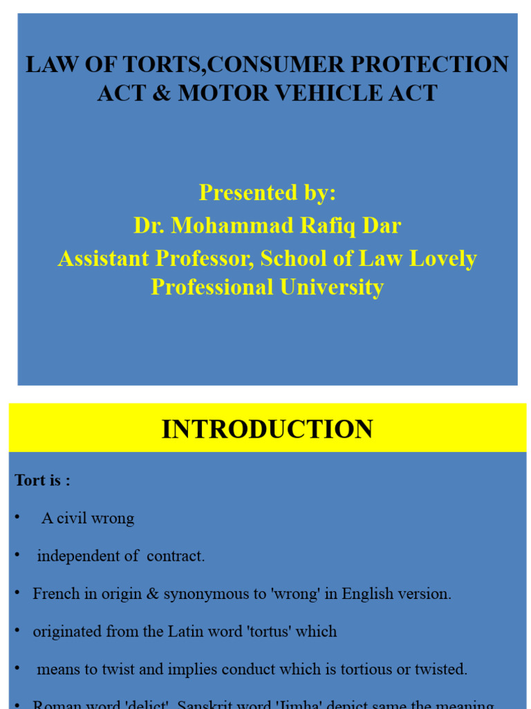 Presentation LAW 108 TORTS - PPTX Unit I Final 3 | PDF | Damages | Tort