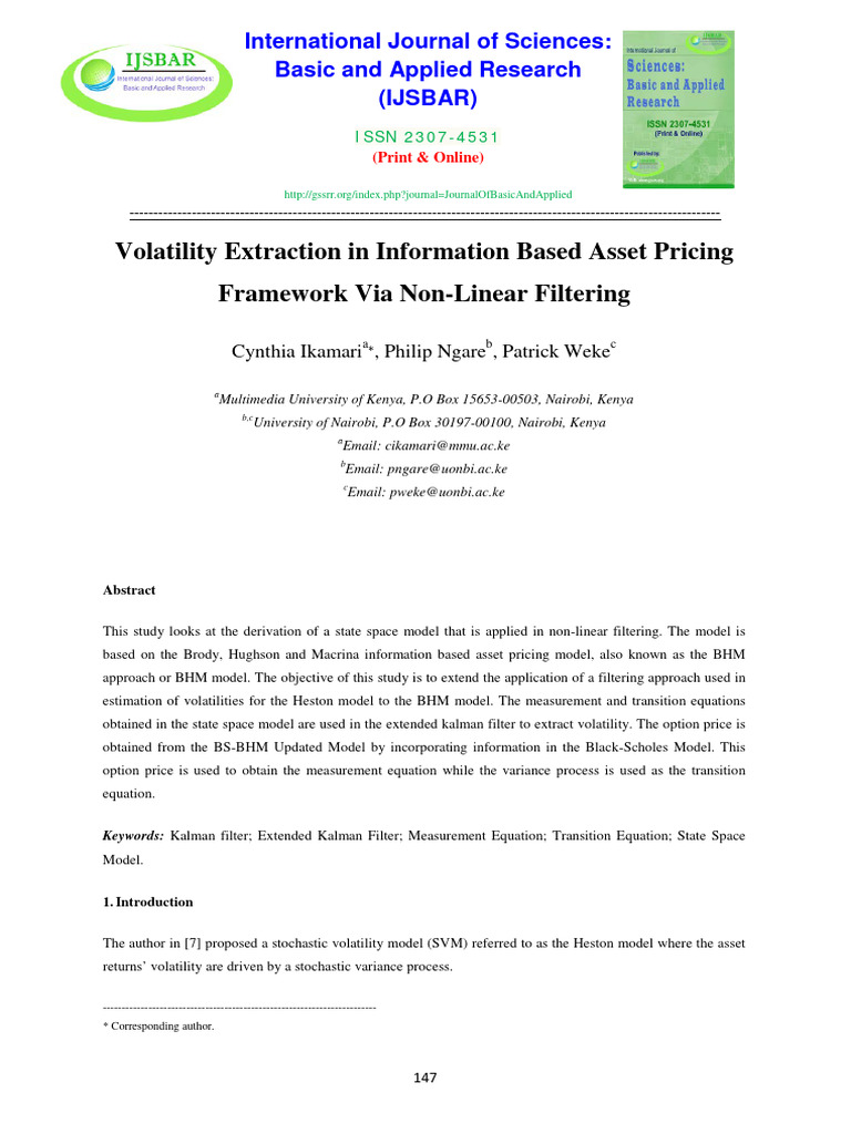 Volatility Extraction in Information Based Asset Pricing Framework Via Non-Linear Filtering ...