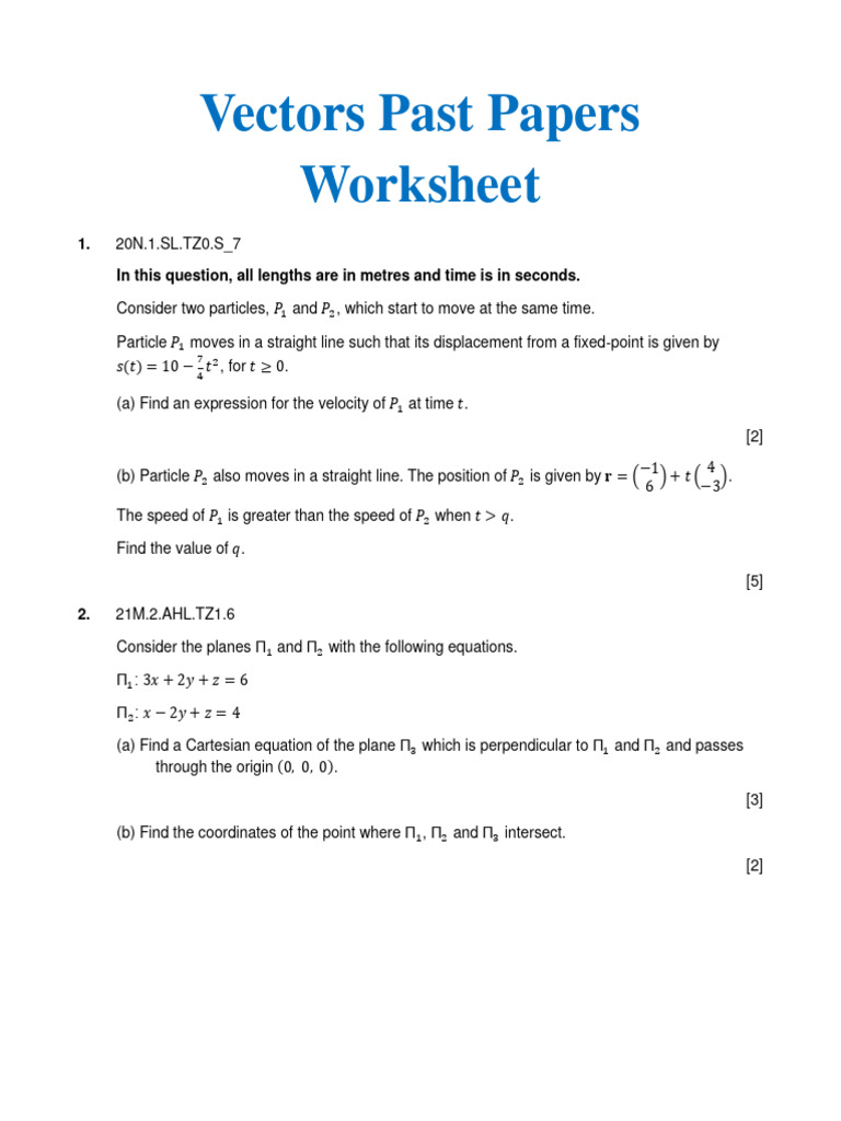 Vectors Worksheet AA HL | PDF | Line (Geometry) | Equations