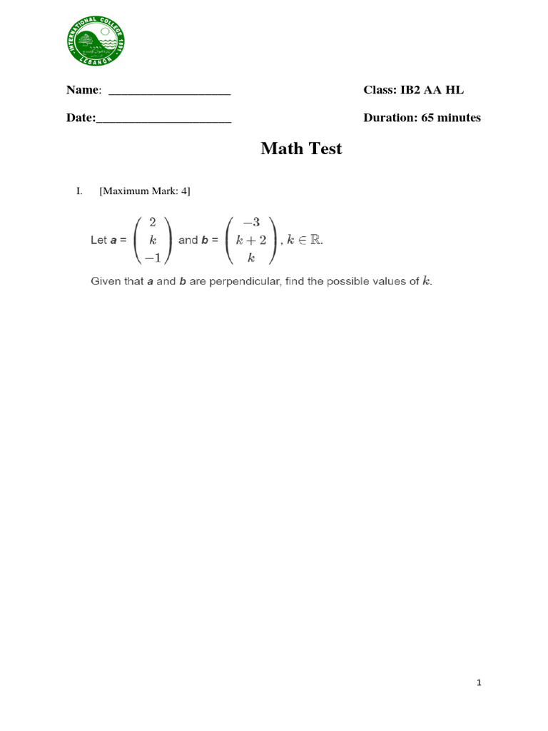 IB2 AA HL Test Makeup Vectors 2022 | PDF | Euclidean Vector | Abstract ...