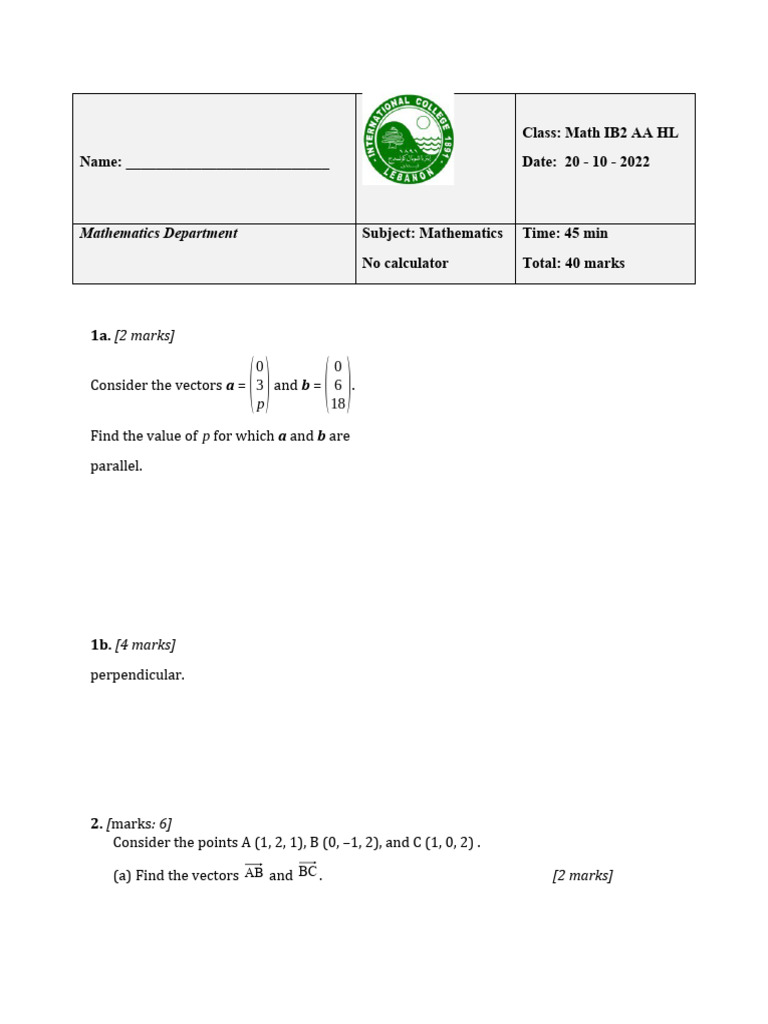 Math IB2 AA HL Vector Exam | PDF | Teaching Methods & Materials