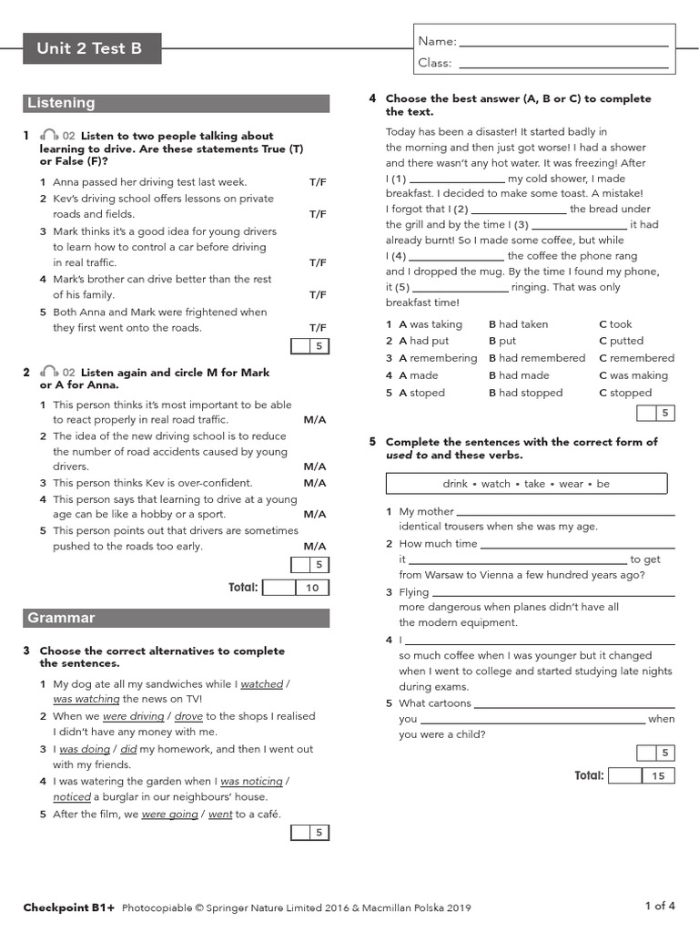 Checkpoint B1- Unit 2 Test B 1 | PDF
