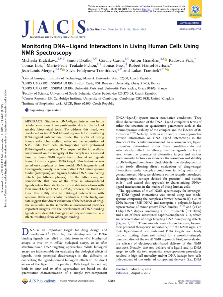 2019 Trantirek JACS | PDF | Nuclear Magnetic Resonance | Ligand (Biochemistry)