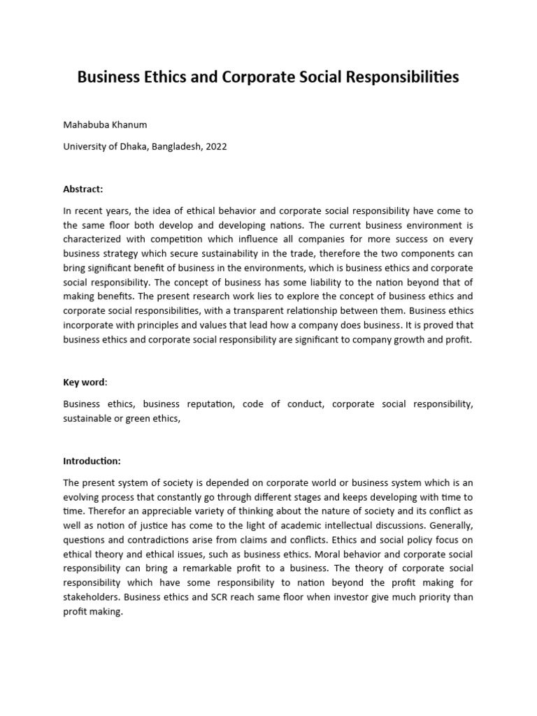 Business Ethics and Corporate Social Responsibilities | PDF | Corporate ... Business Ethics and Corporate Social Responsibilities | PDF | Corporate ...