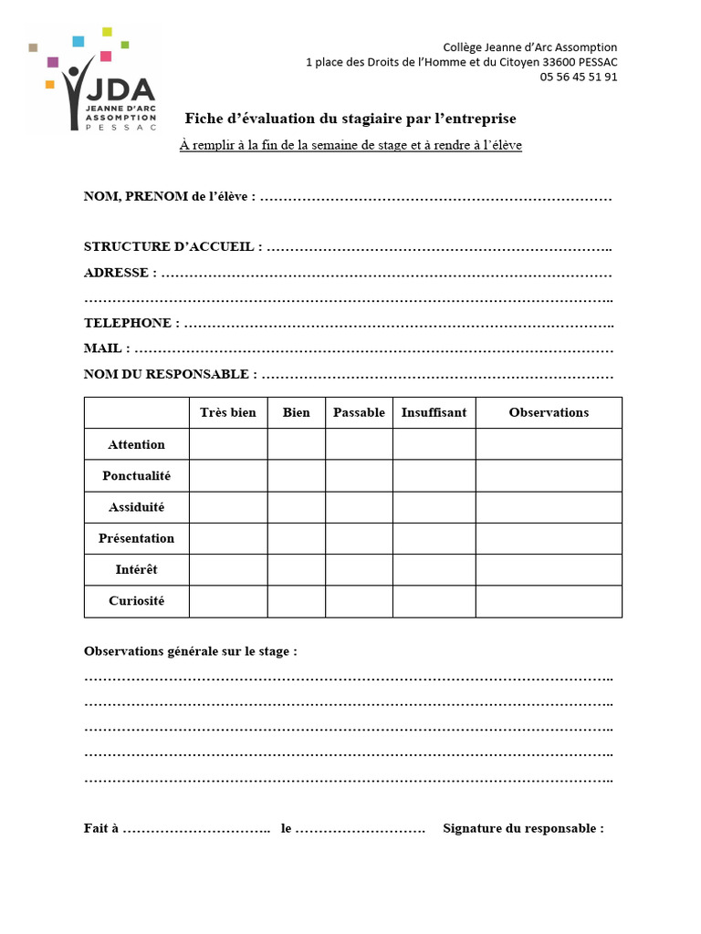 Fiche Evaluation Du Stagiare | PDF