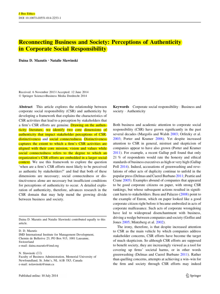 Chapter 9 - Reading - Authentic CSR | PDF | Corporate Social Responsibility | Leadership