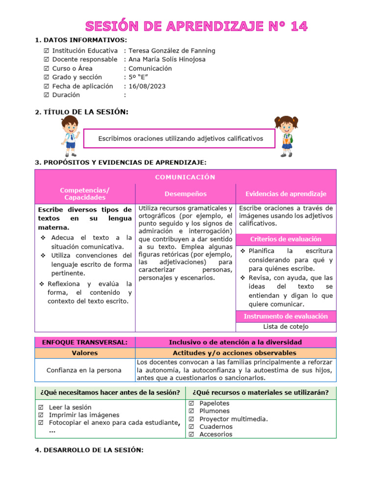 SESIÓN DE APRENDIZAJE 14 Escribimos oraciones utilizando adjetivos calificativos | PDF ...