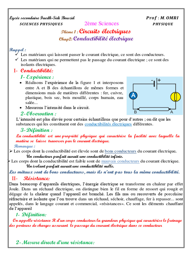 Conductibilité électrique en 2ème science | PDF | Résistance ...