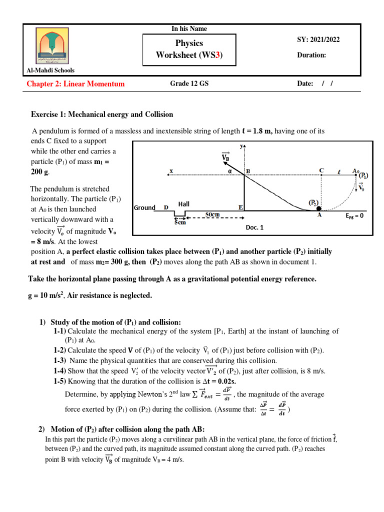 G12-GS-Phy-Ch2-Linear Momentum-WS3-En-21-22 | PDF | Collision | Momentum