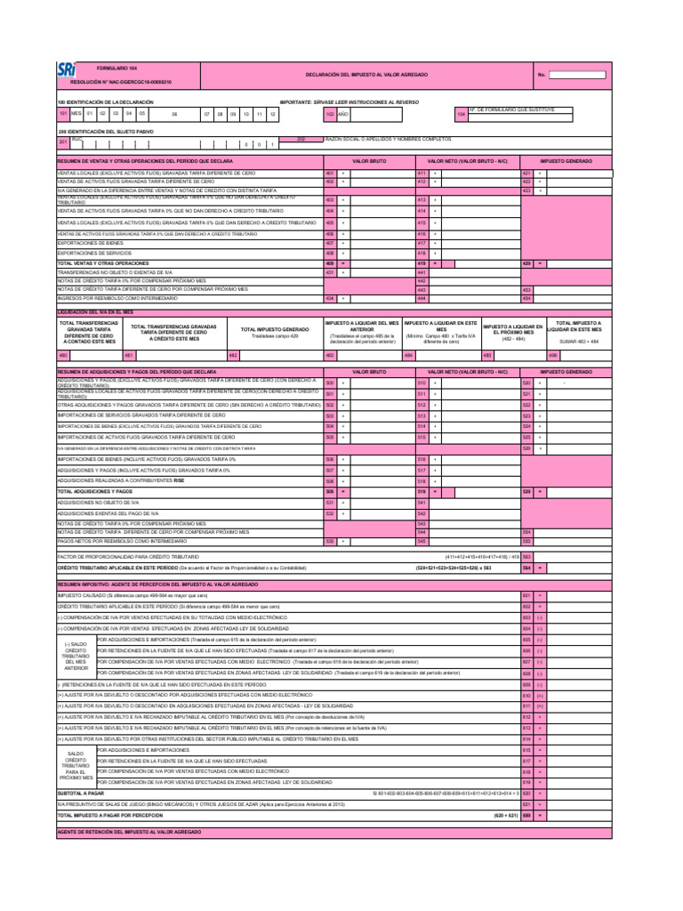 Formulario 104 2016 | PDF | Impuesto al valor agregado | Finanza pública