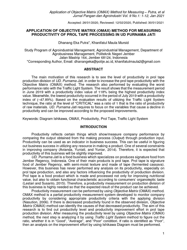 Application of Objective Matrix (Omax) Method For Measuring Productivity of Prol Tape Processing ...