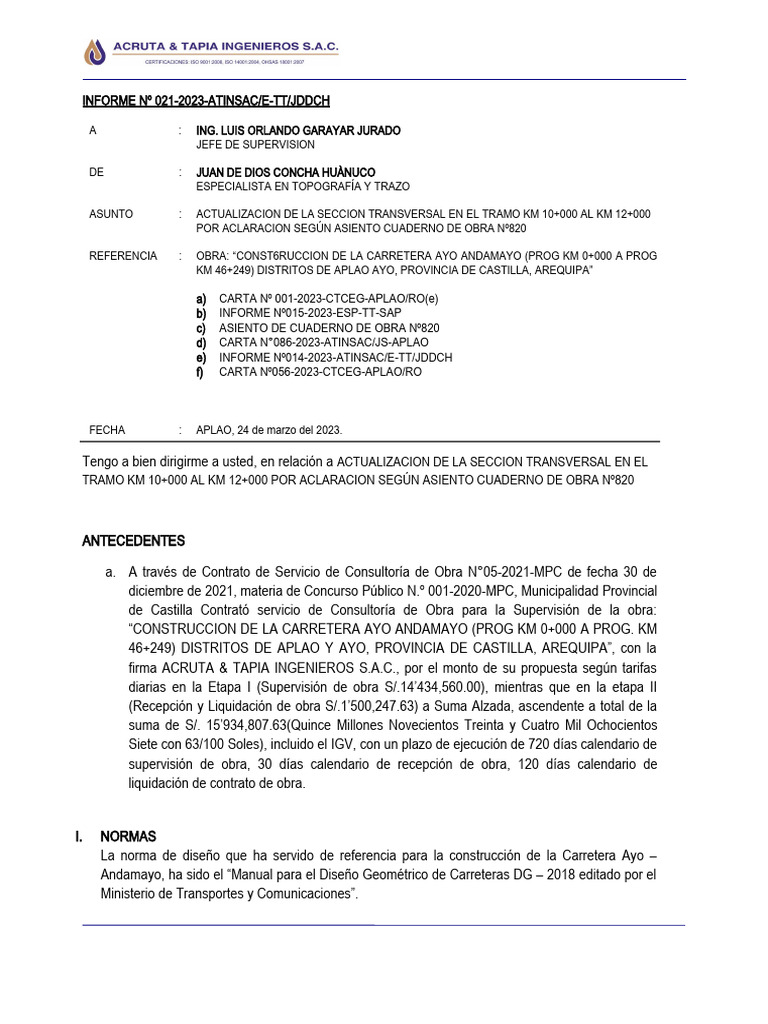 Informe #021-2023-Atinsace-Tt-Jddch, Actualizacion de La Seccion Transversal KM 10 Al 12 Por ...