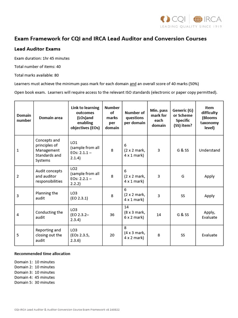 2.0 CQI-IRCA LA and Conversion Course Exam Framework V8 (Final) | PDF ...