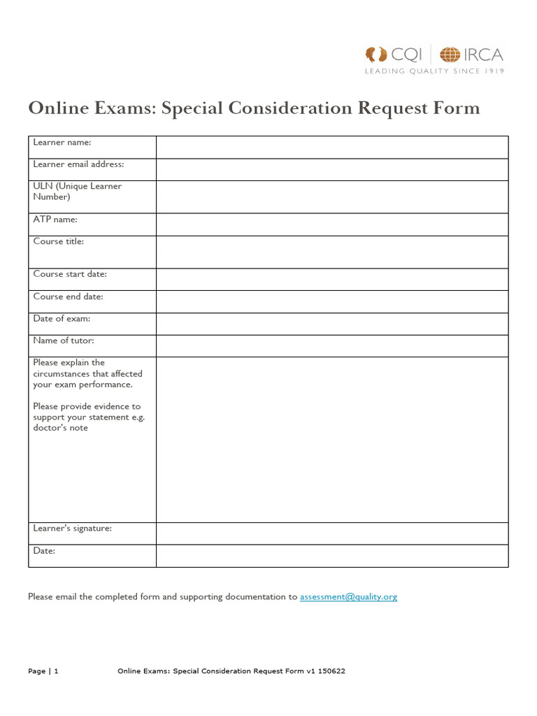 14.0 CQI and IRCA Online Exams Special Consideration Request Form v1 ...