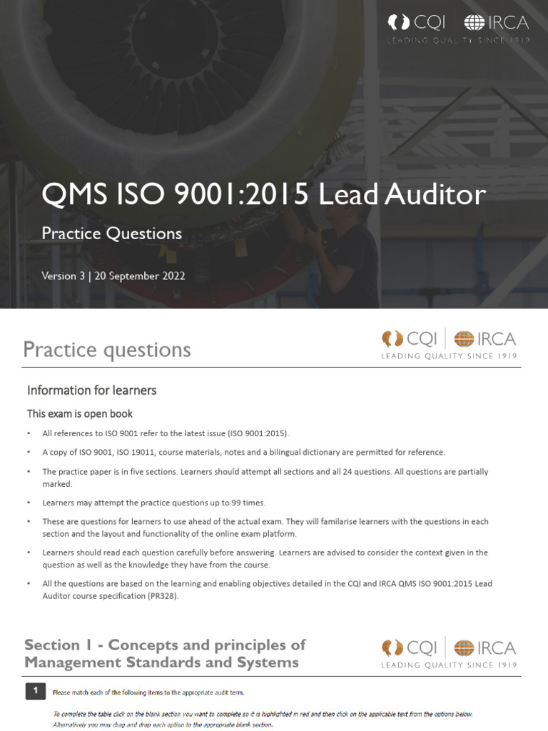 7.0 QMS ISO 9001 Lead Auditor Practice Questions v3 - 200922 - LowRes | PDF