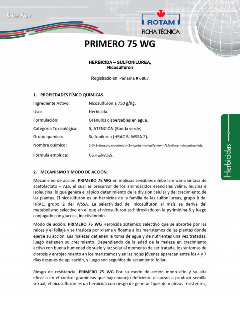 Ficha Tecnica PRIMERO 75 WG Panama | PDF | Herbicida | Maíz