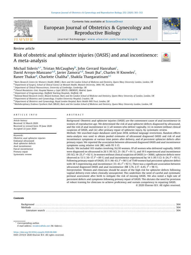 OASIS - 2 - 2020 - Risk of Obstetric Anal Sphincter Injuries (OASIS) and Anal Incontinence - A ...