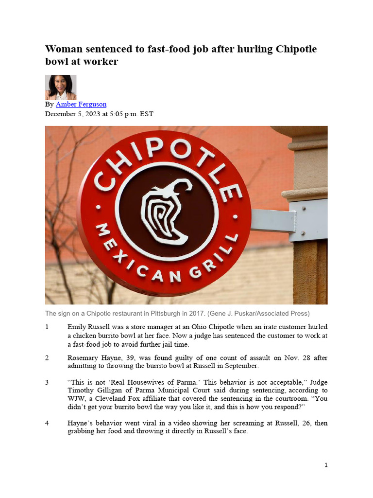 Woman Sentenced To Fast-Food Job After Hurling Chipotle Bowl at Worker | PDF | Chipotle Mexican ...