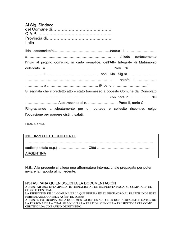 Modelo Solicitud Acta de Matrimonio A La Comuna | PDF | Hogar y jardín