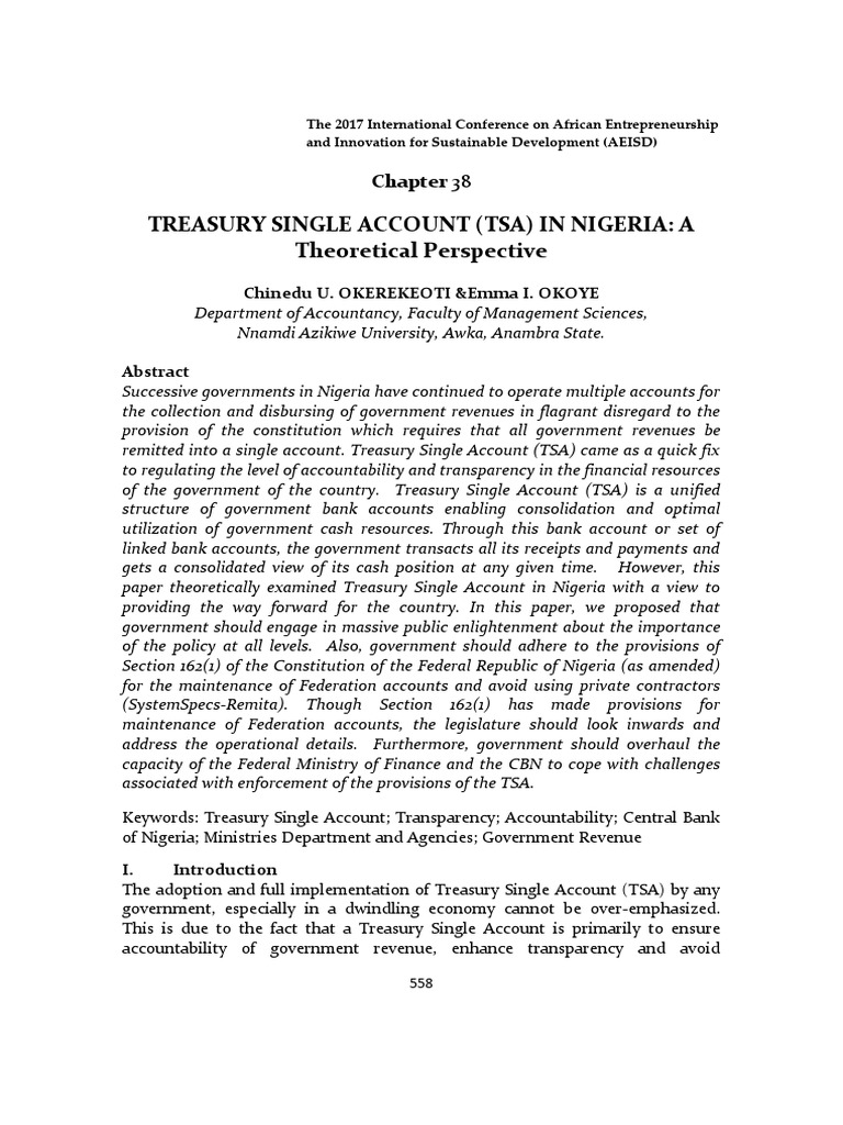 Treasury Single Account (Tsa) in Nigeria: A Theoretical Perspective ...