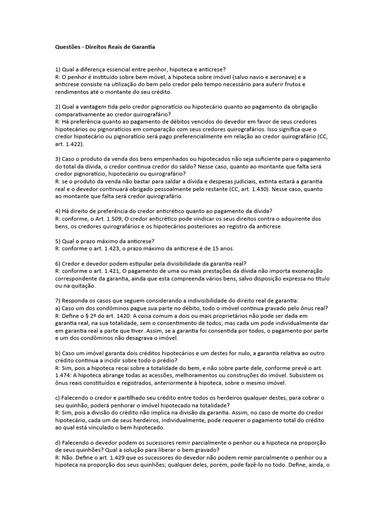 Direitos Reais de Garantia: Questões e Definições | PDF | Finanças e ...