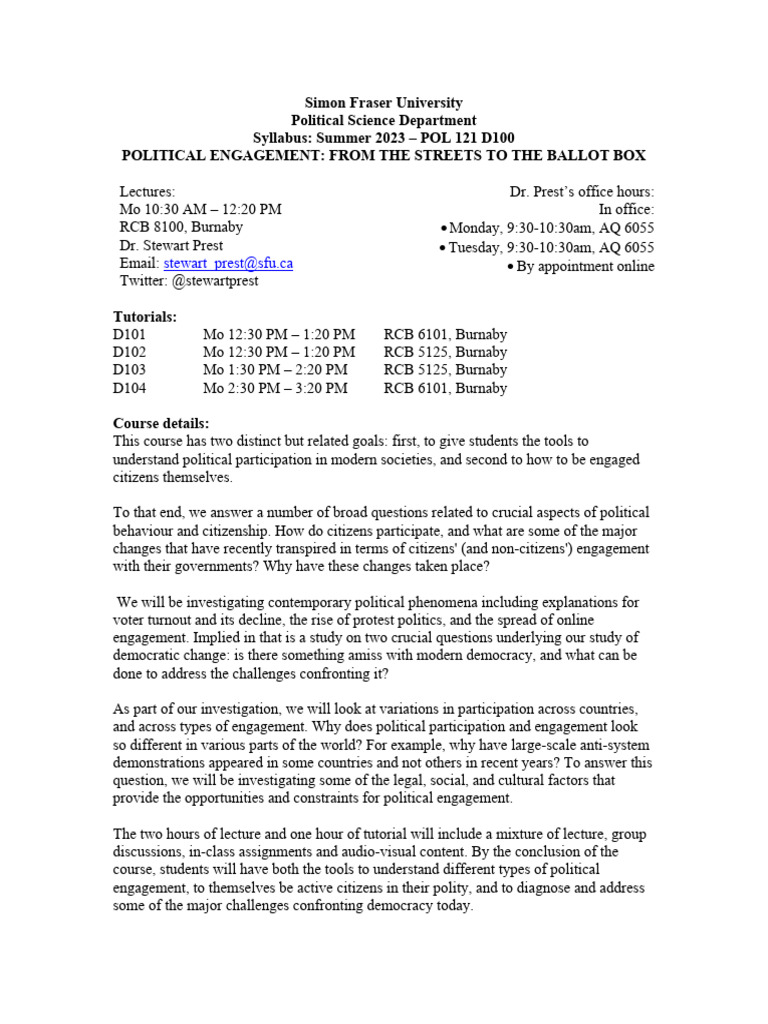 Prest POL 121 D100 Summer 2023 Syllabus Updated 29 May 4 | PDF | Democracy | Political Ideologies