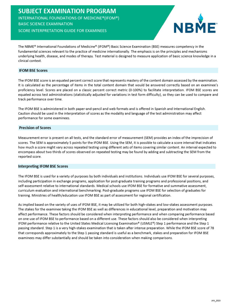 IFOM BSE Score Interpretation Guide For Examinees | PDF | Structural ...