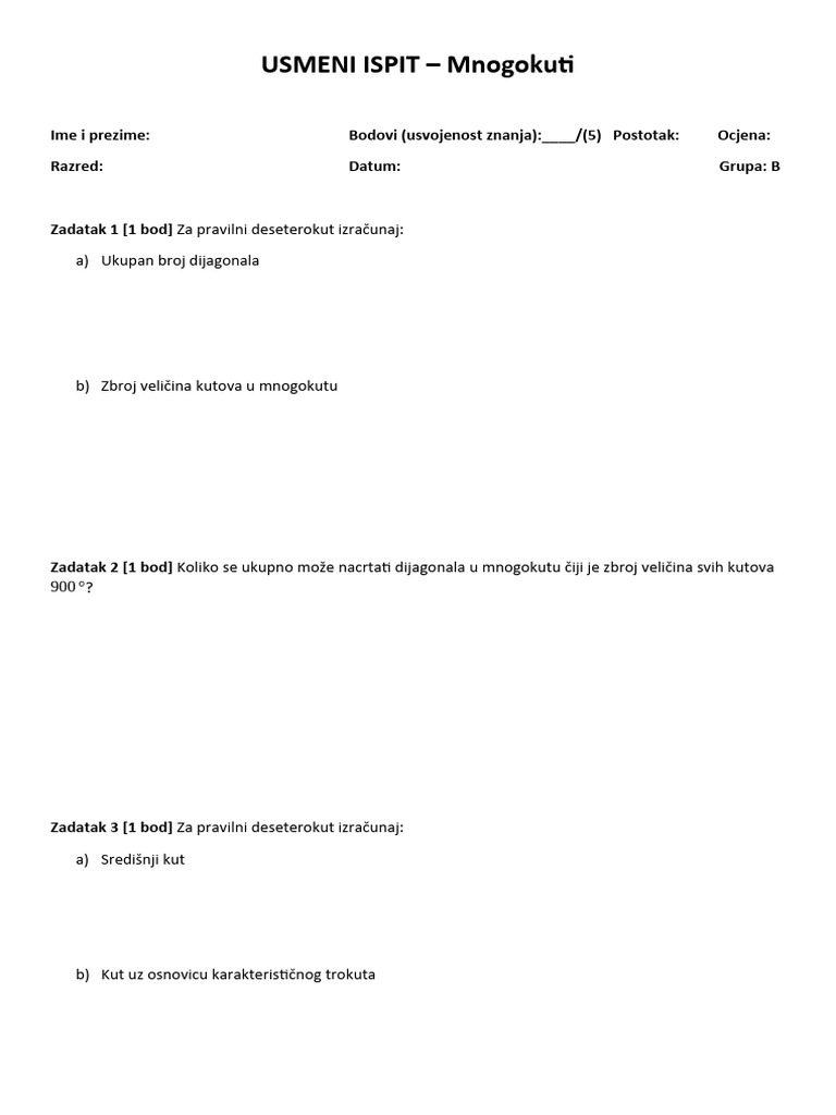 Usmeni Ispit - Mnogokuti, A Grupa | PDF