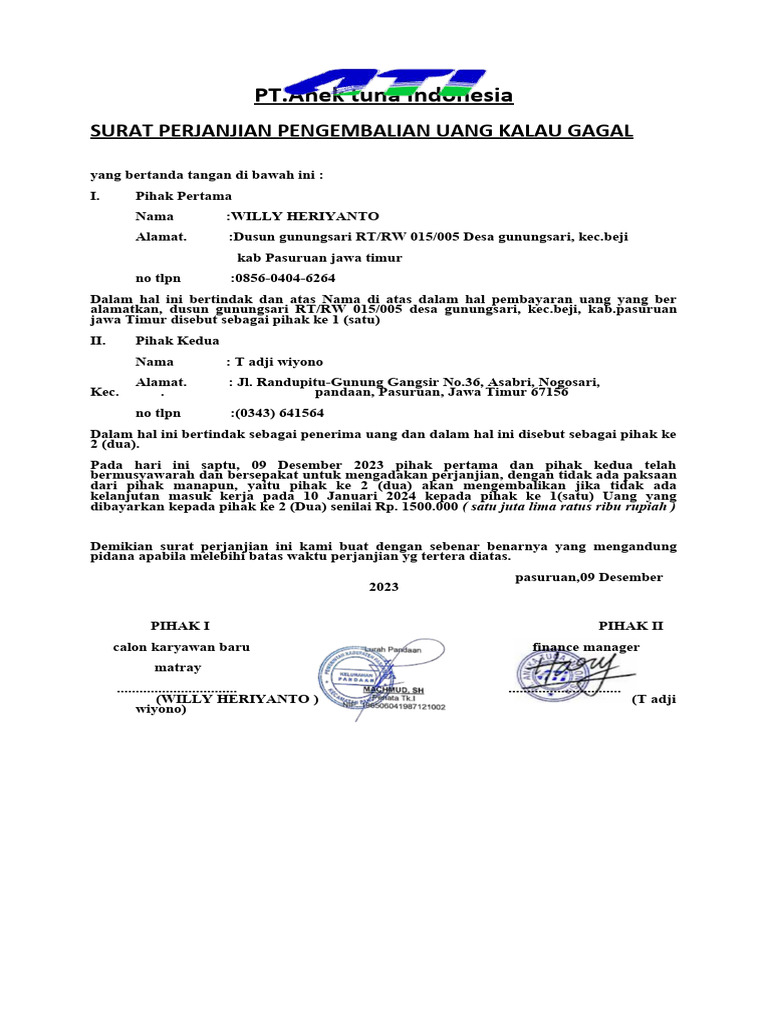 Surat Perjanjian Pengembalian Uang | PDF | Pengelolaan Keuangan & Uang ...