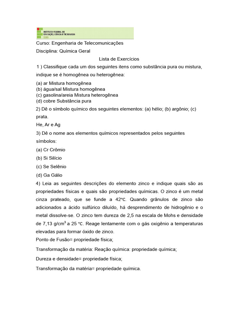 f0916776 Lista de Exerc Cios Respondida | PDF | Dióxido de nitrogênio | Química