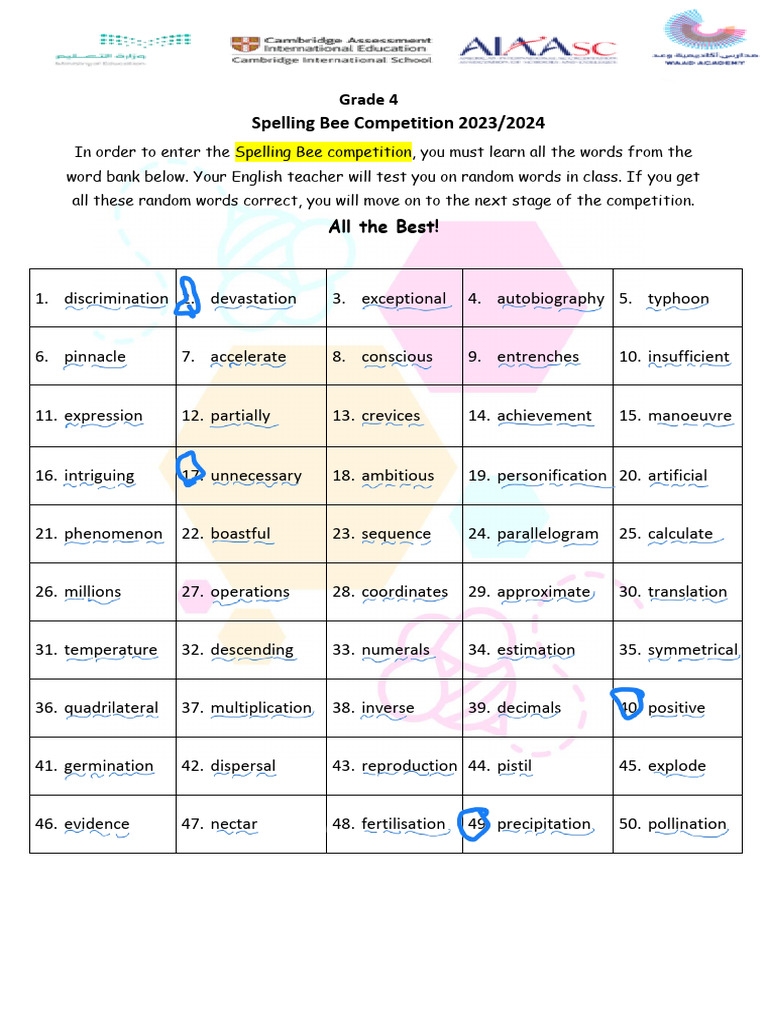 Grade 4 Spelling Bee Word List 2023 | PDF