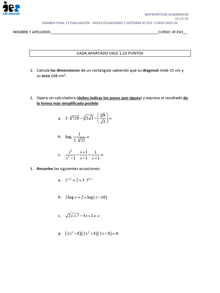 Examen 1 Ecuaciones Y Sistemas Pdf 8200