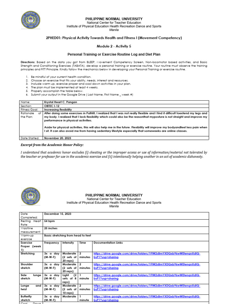 Week 4 Personal Training Log | PDF | Physical Fitness | Dieting