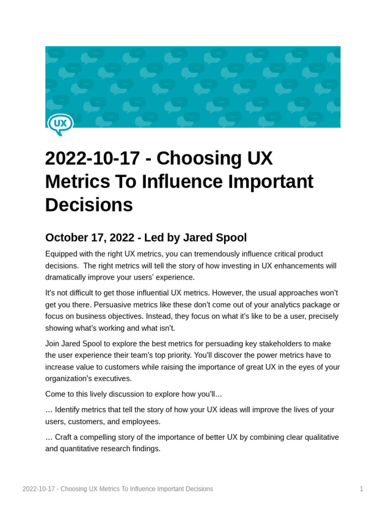 2022-10-17 Choosing UX Metrics To Influence Important Decisions | PDF ...