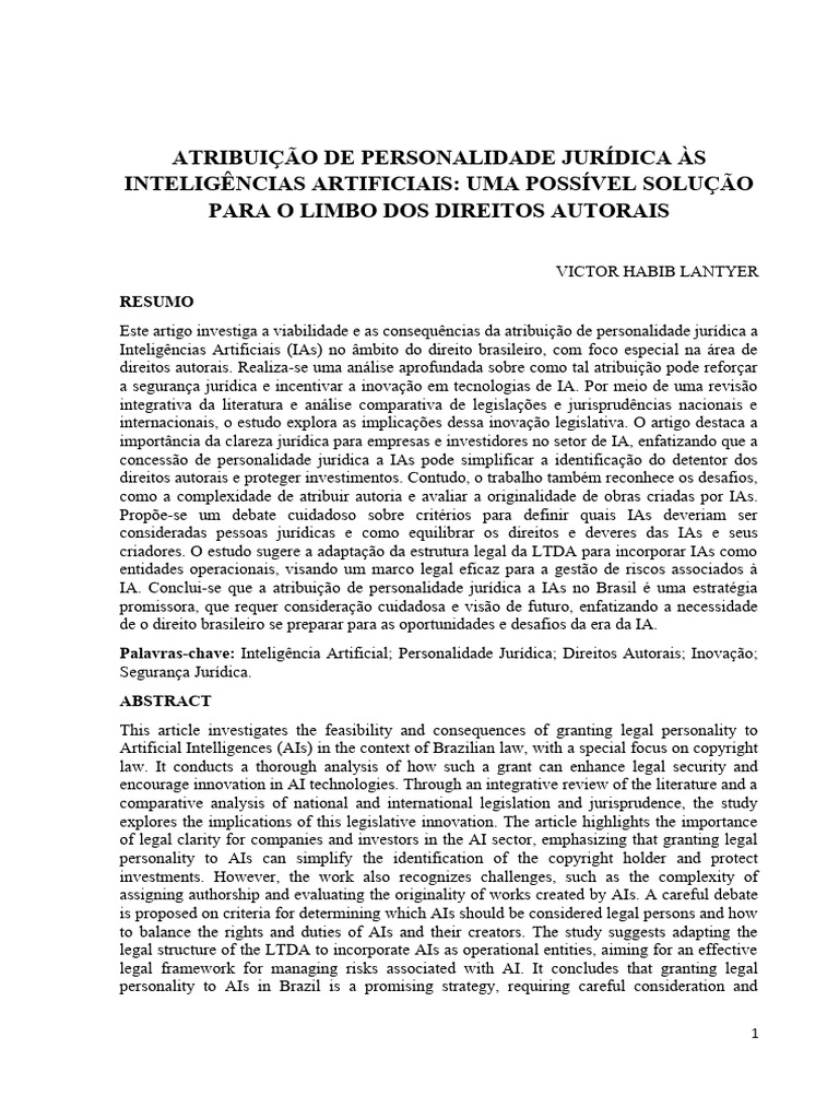 Artigo - Atribuição De Personalidade Jurídica Às Inteligências ... Artigo - Atribuição De Personalidade Jurídica Às Inteligências ...
