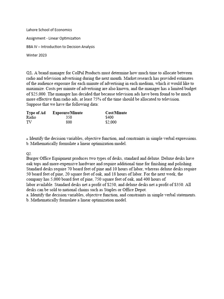 Assignment Linear Program Pdf