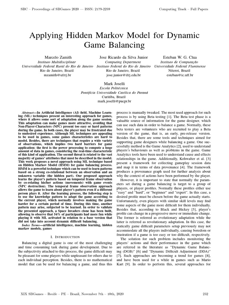 Applying Hidden Markov Model For Dynamic Game Balancing: Marcelo Zamith Jose Ricardo Da Silva ...