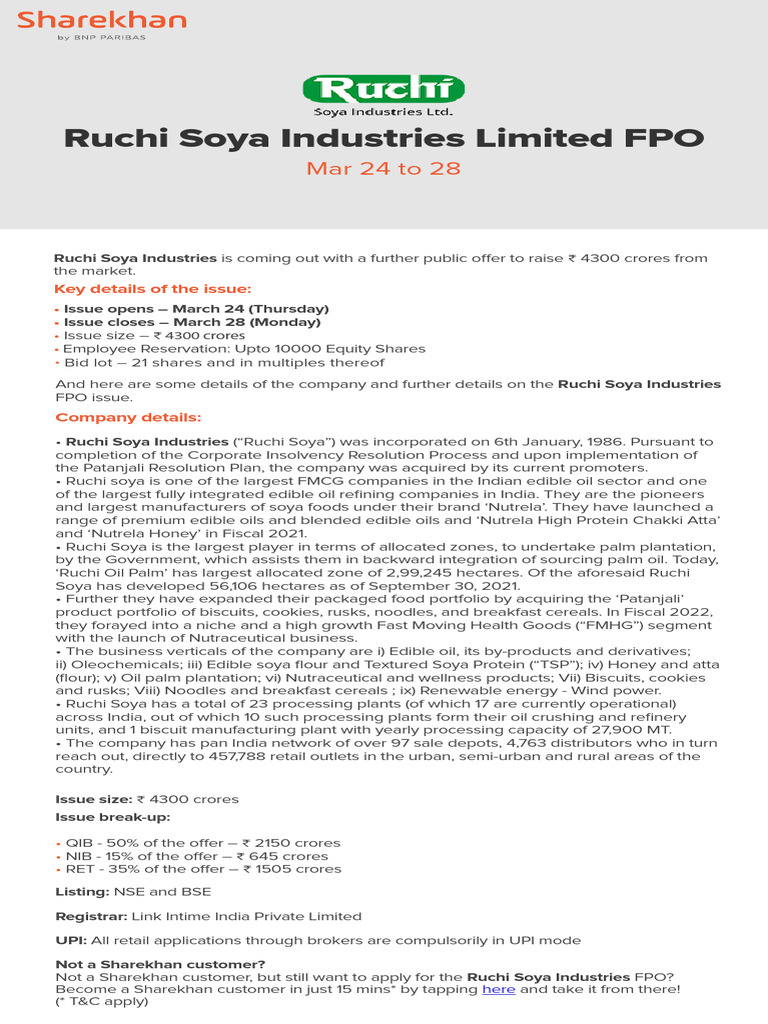 Ruchi Soya Industries LTD FPO 220322 | PDF | Food And Drink | Food Industry