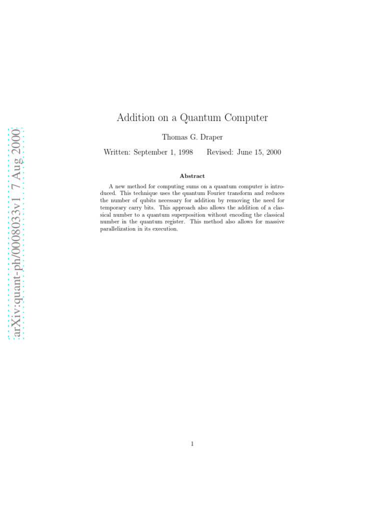 Addition On A Quantum Computer (Thomas G. Draper) | PDF | Quantum Computing | Theoretical ...