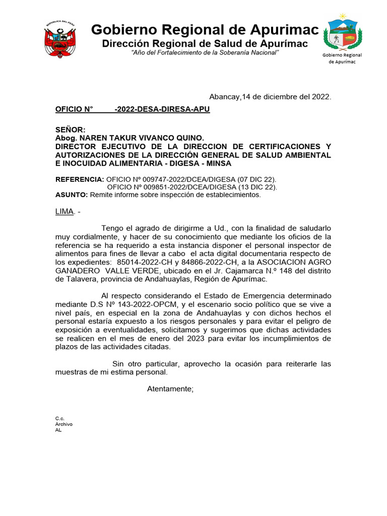 Informe Digesa Postergar. | PDF | Finanzas y dinero