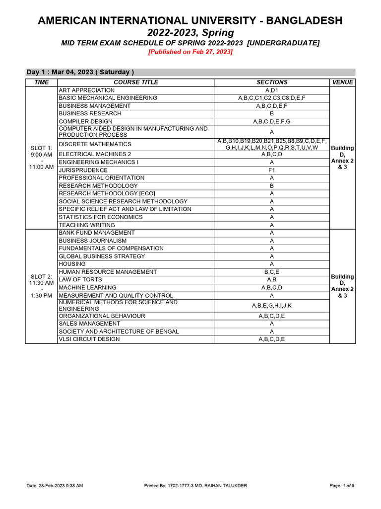 Revised Mid Term Exam Schedule of Spring 2022 2023 (Undergraduate) (Feb ... Revised Mid Term Exam Schedule of Spring 2022 2023 (Undergraduate) (Feb ...