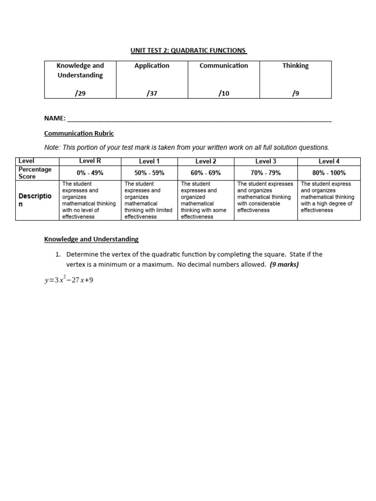 MCR 3U1 Unit 2 Quadratic Functions Unit Test Copy 1 | PDF | Quadratic ...